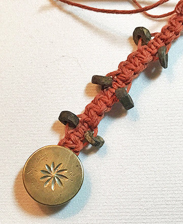 Rust Color Waxed Hemp Macrame Lanyard and Antique Tombac Button with E ...